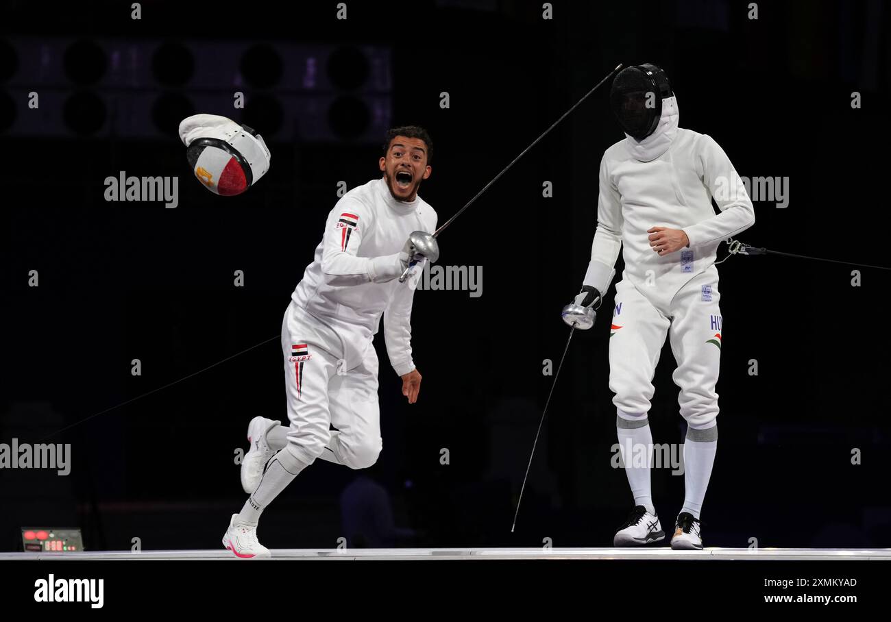 Paris, France. 28th July, 2024. Mohamed Elsayed (L) of Egypt celebrates ...