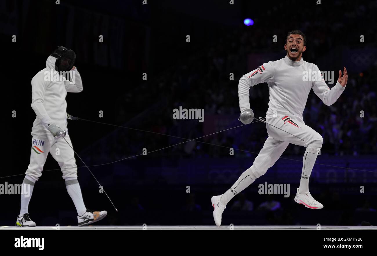 Paris, France. 28th July, 2024. Mohamed Elsayed (R) of Egypt celebrates ...