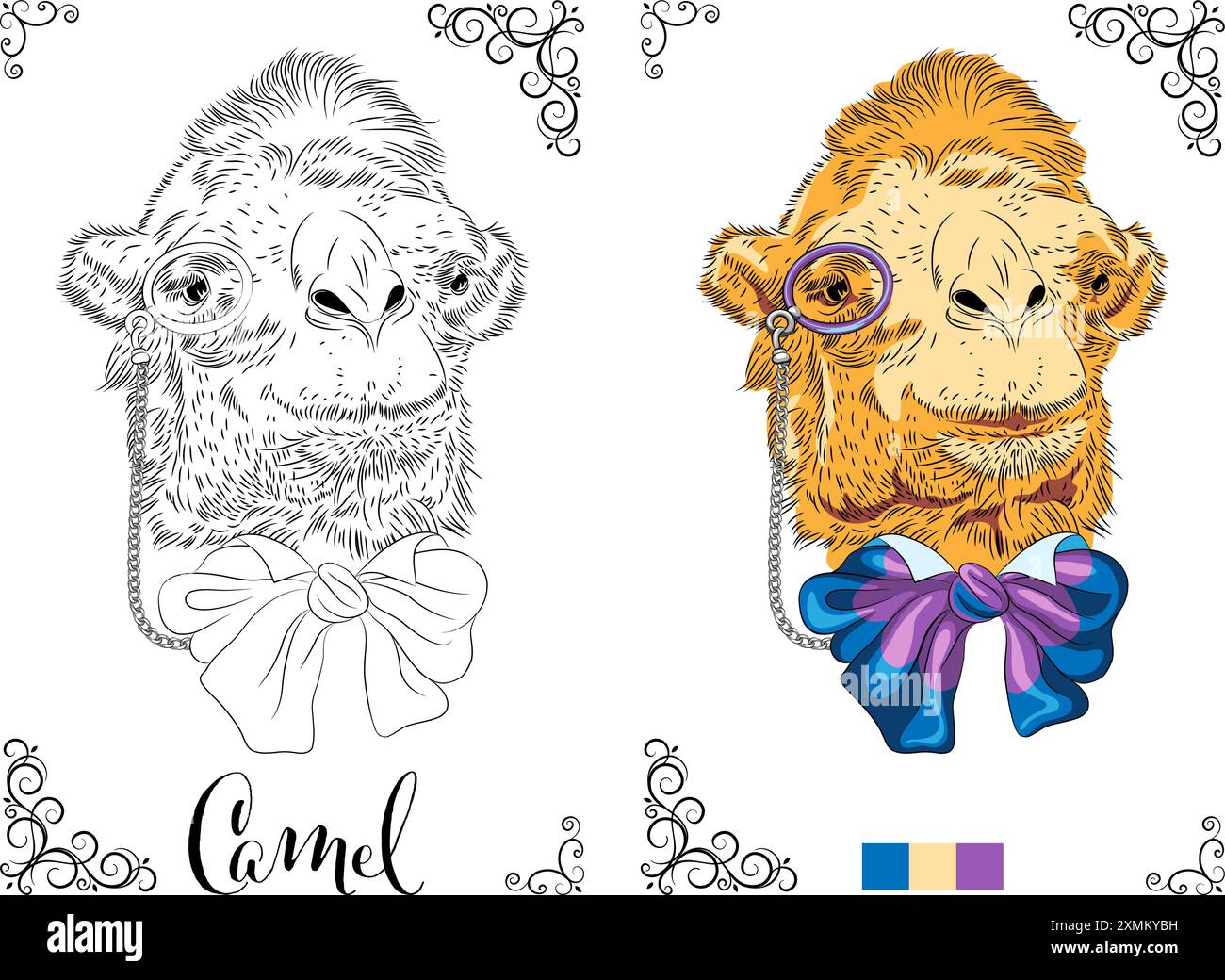 Vector coloring book page of a camel wearing a bow and monocle, ready ...
