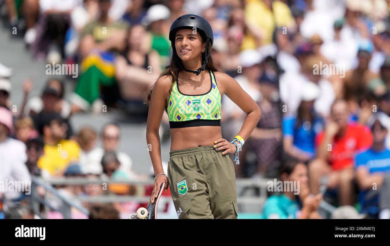 Rayssa Leal, of Brazil, waits to compete in her heat during the women's ...