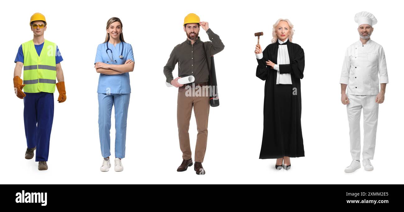People of different professions. Collage with portraits on white ...