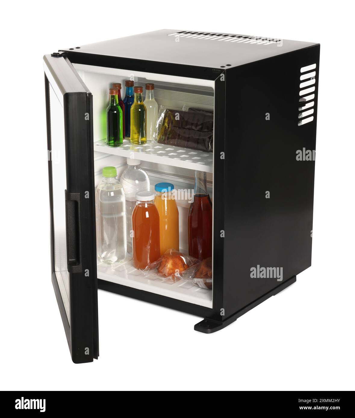 Mini refrigerator with drinks and snacks isolated on white Stock Photo ...