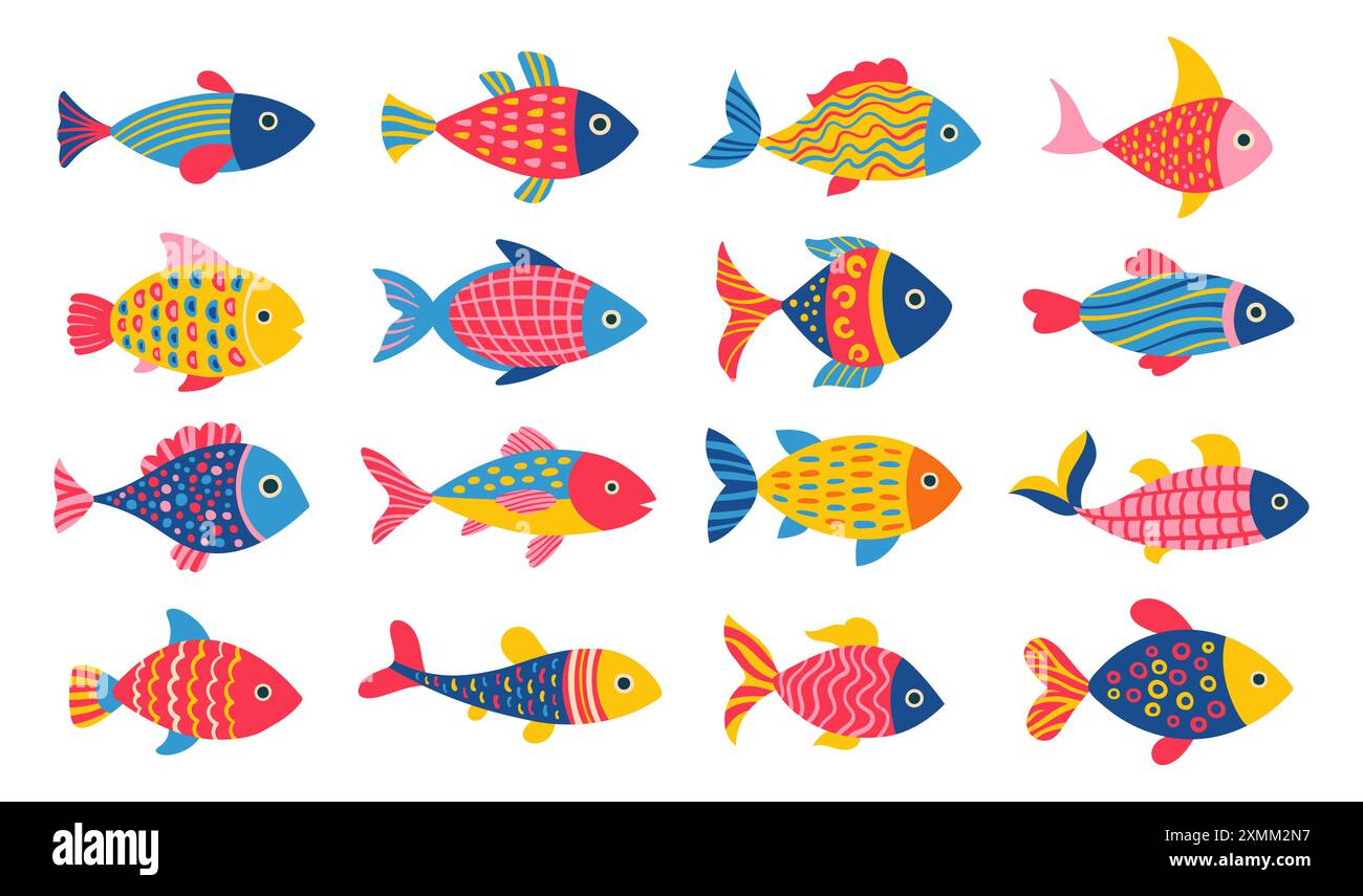 Sea fish abstract cartoon fantasy set. Stylized cute fish with hand ...