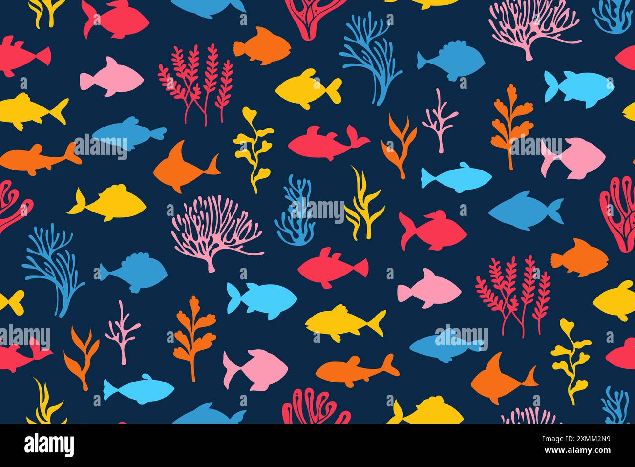 Marine underwater wallpaper, seamless pattern with silhouette fish ...