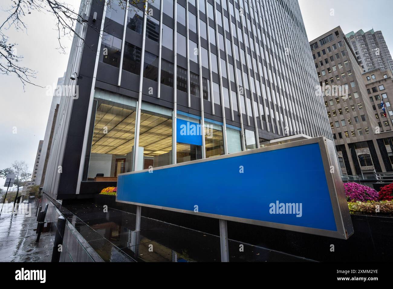 This image depicts an empty blue sign standing in front of towering ...