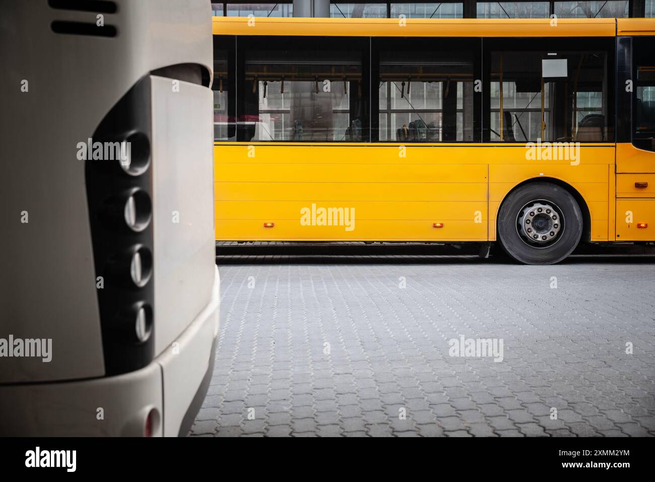 The image shows European buses lined up and ready for departure at a ...