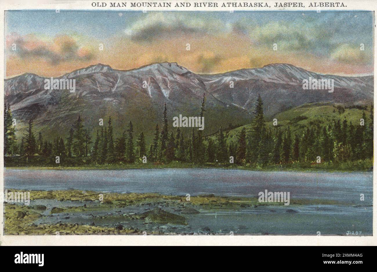 Vintage color postcard showing Old Man Mountain and the Athabasca River in Jasper National Park ...