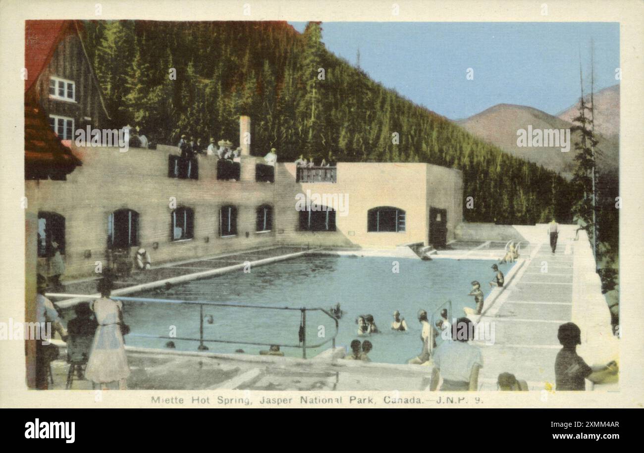 Vintage color postcard showing Miette Hot Springs bathing pool in Jasper National Park, Alberta ...