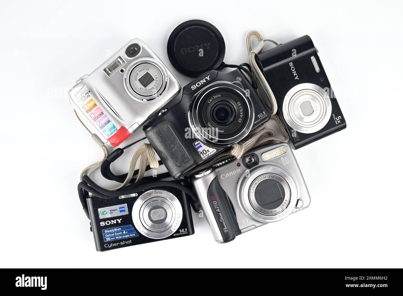 Retro digital cameras on white background – Wales, UK – 27 July 2024 ...