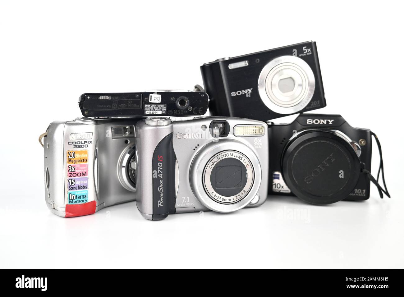 Vintage digital cameras on white background – Wales, UK – 27 July 2024 ...