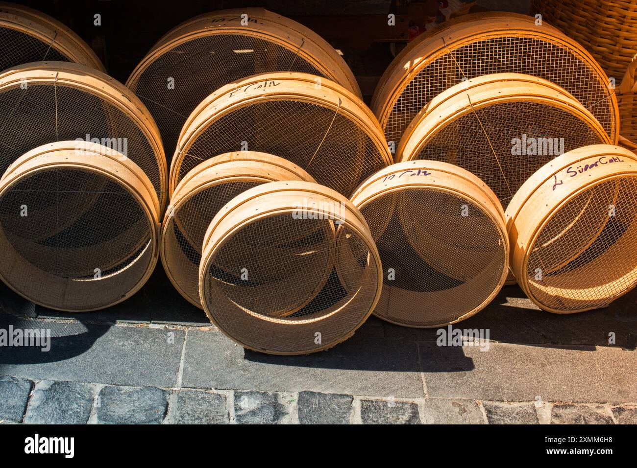 Traditional type sieves made of wood Stock Photo - Alamy