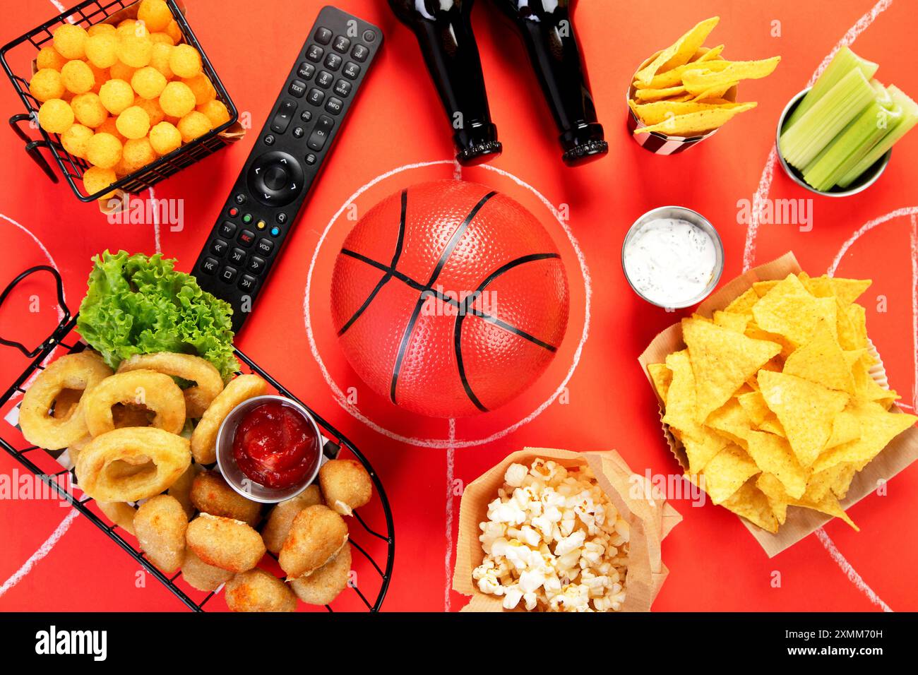 Game day. Basketball arena with snacks. Sports fans table with chips ...