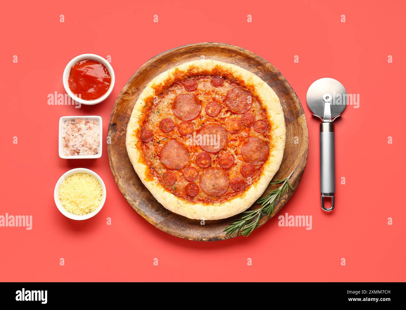 Board with delicious pepperoni pizza and cutter on red background Stock ...