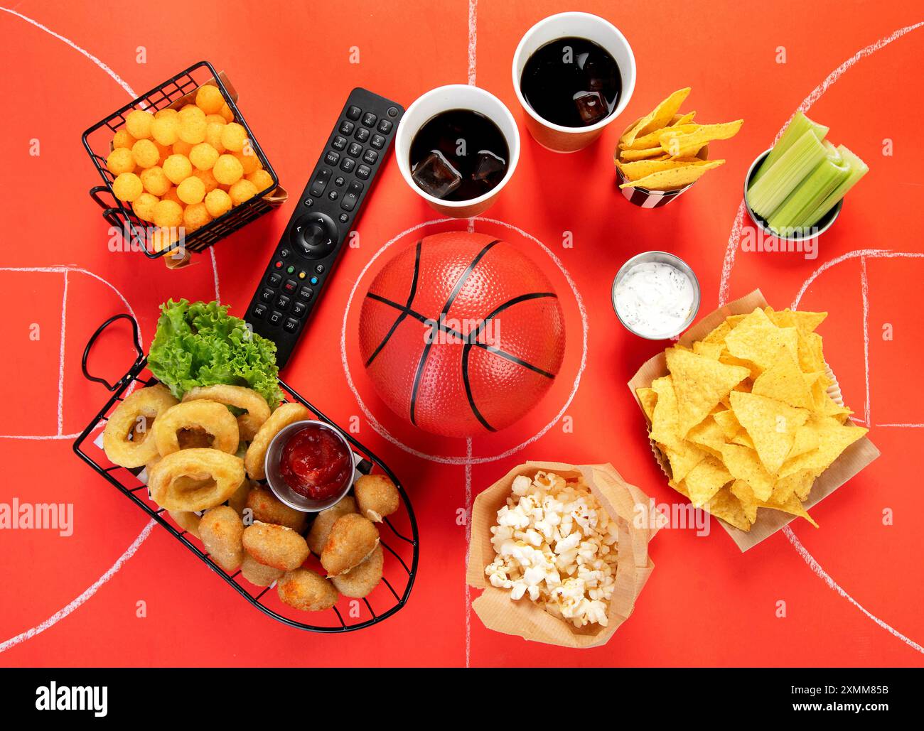 Game day. Basketball arena with snacks. Sports fans table with chips ...