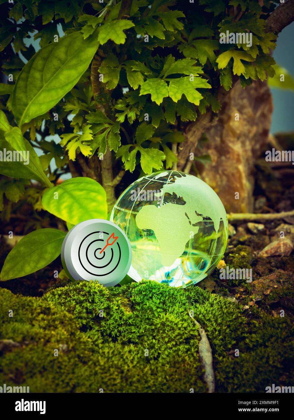 Close-up 3d target icon and small glass earth globe on green natural ...