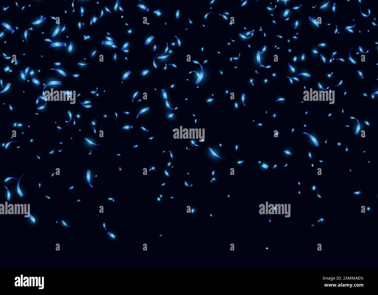 Blue confetti, falling paper ribbons isolated on dark background. Birthday party decoration ...