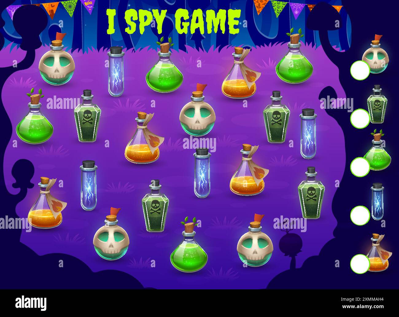 Halloween kids I spy game with witch magic potion bottles, vector ...