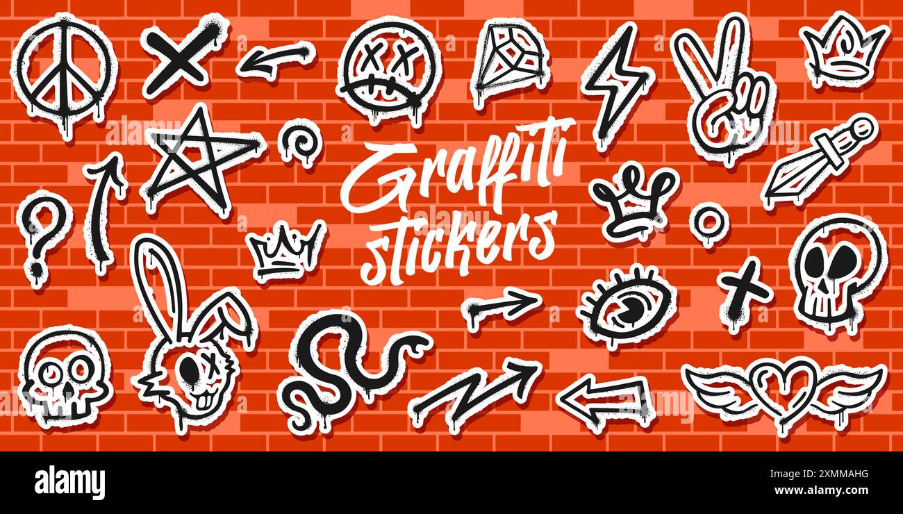 Stickers pack of grunge graffiti spray paints on brick wall background ...