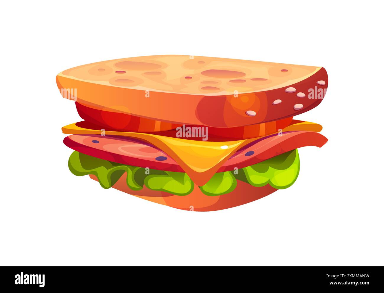 Cartoon fast food sandwich with layers of fresh ingredients including ...
