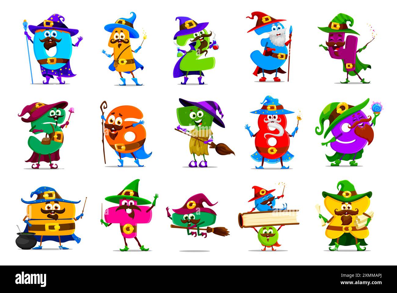 Cartoon Halloween math number wizard, witch and mage characters. Vector ...
