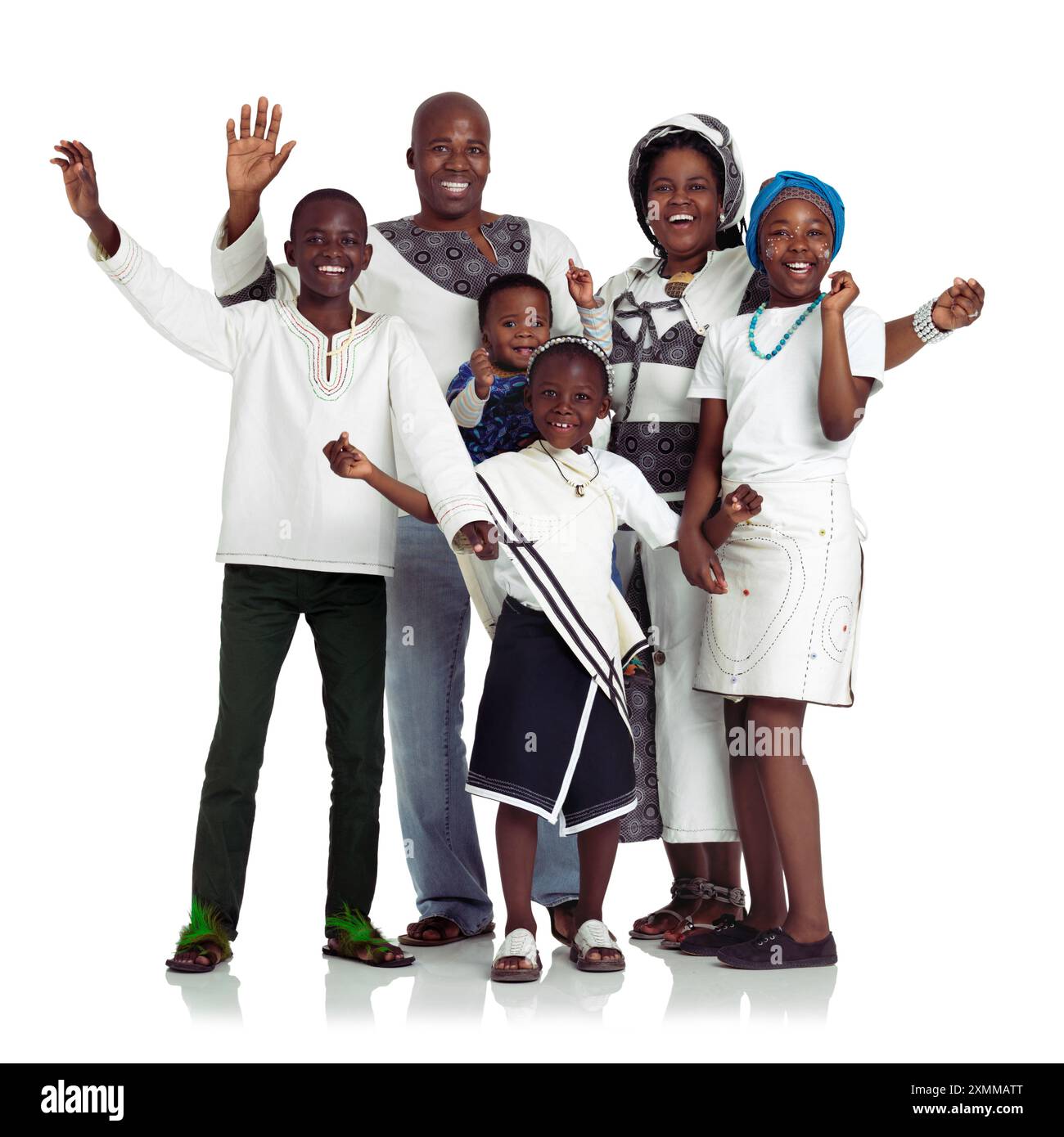 Portrait, black family in studio, traditional and smile for greeting ...