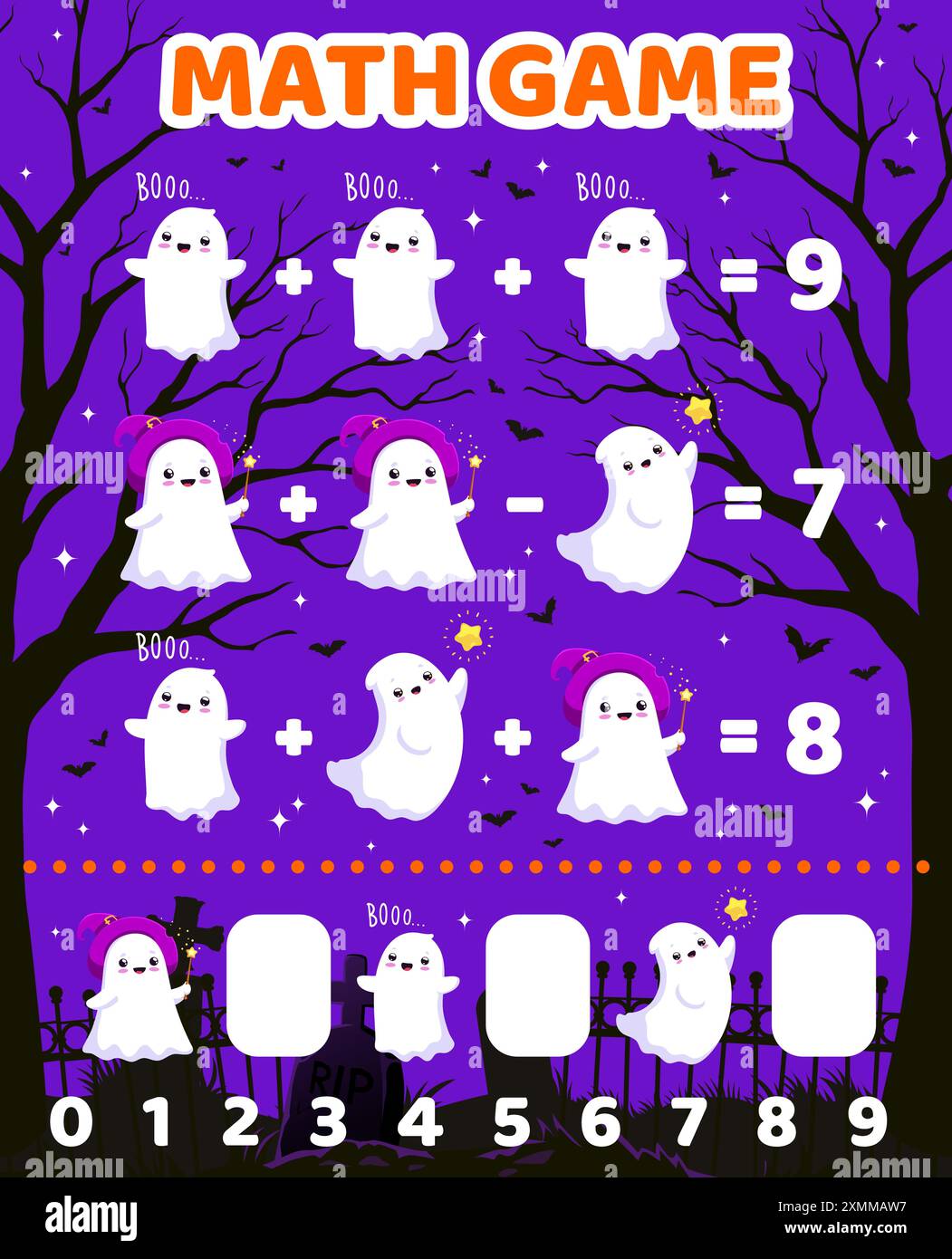 Halloween math game worksheet. Cartoon cute kawaii ghost characters ...