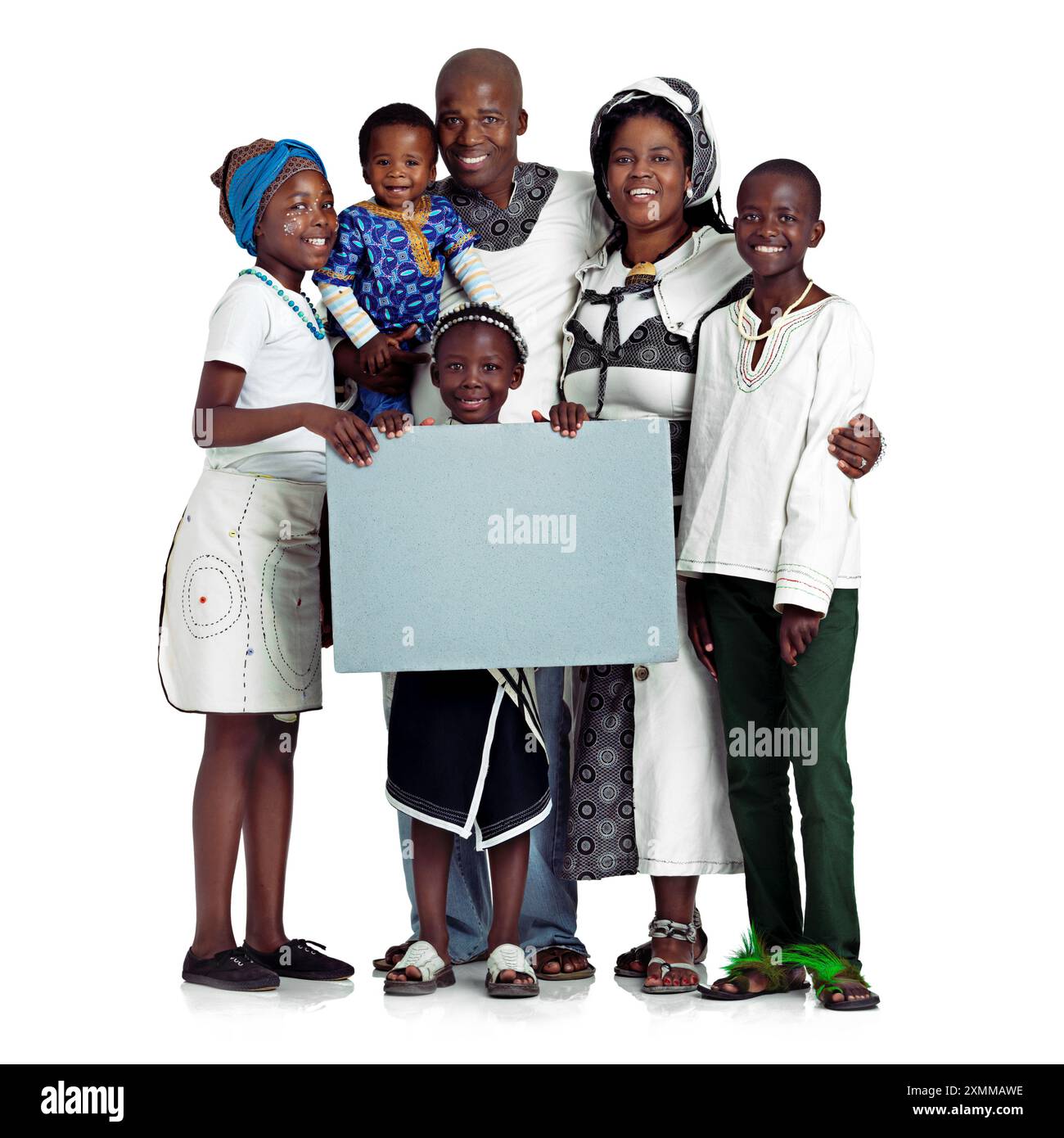 African family, portrait and blank board in studio for culture, placard ...
