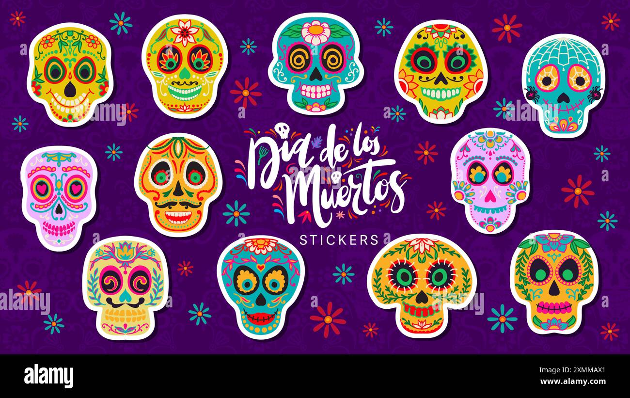 Mexican day of the dead calavera sugar skull stickers. Cartoon vector ...