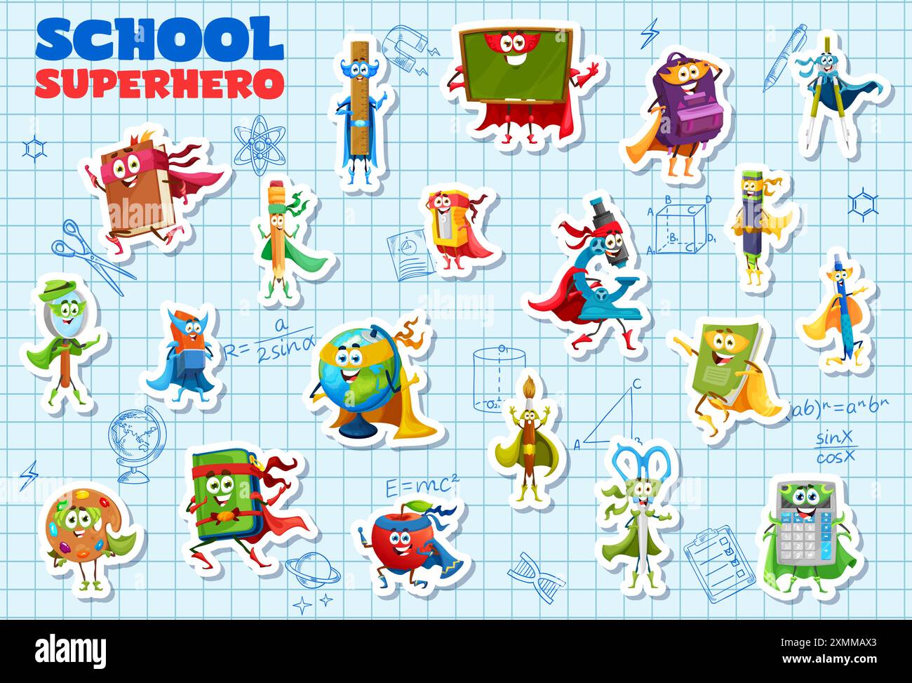 Cartoon school stationery superhero characters stickers. Vector pencil ...
