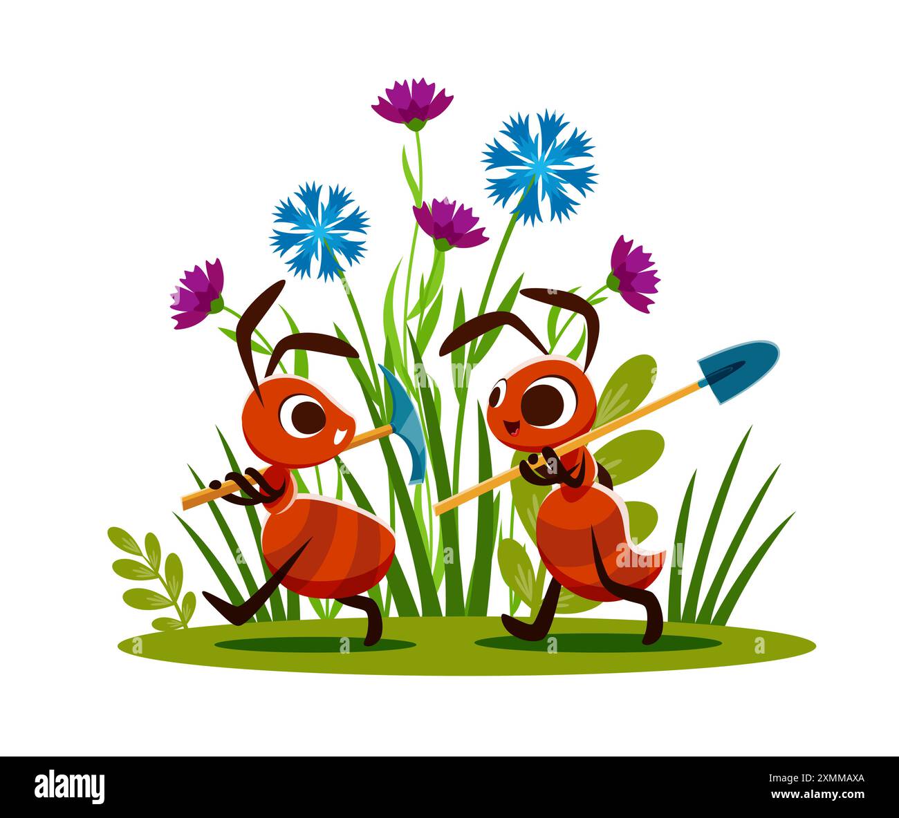 Cartoon ant builders with shovels. Vector children story scene with two ...
