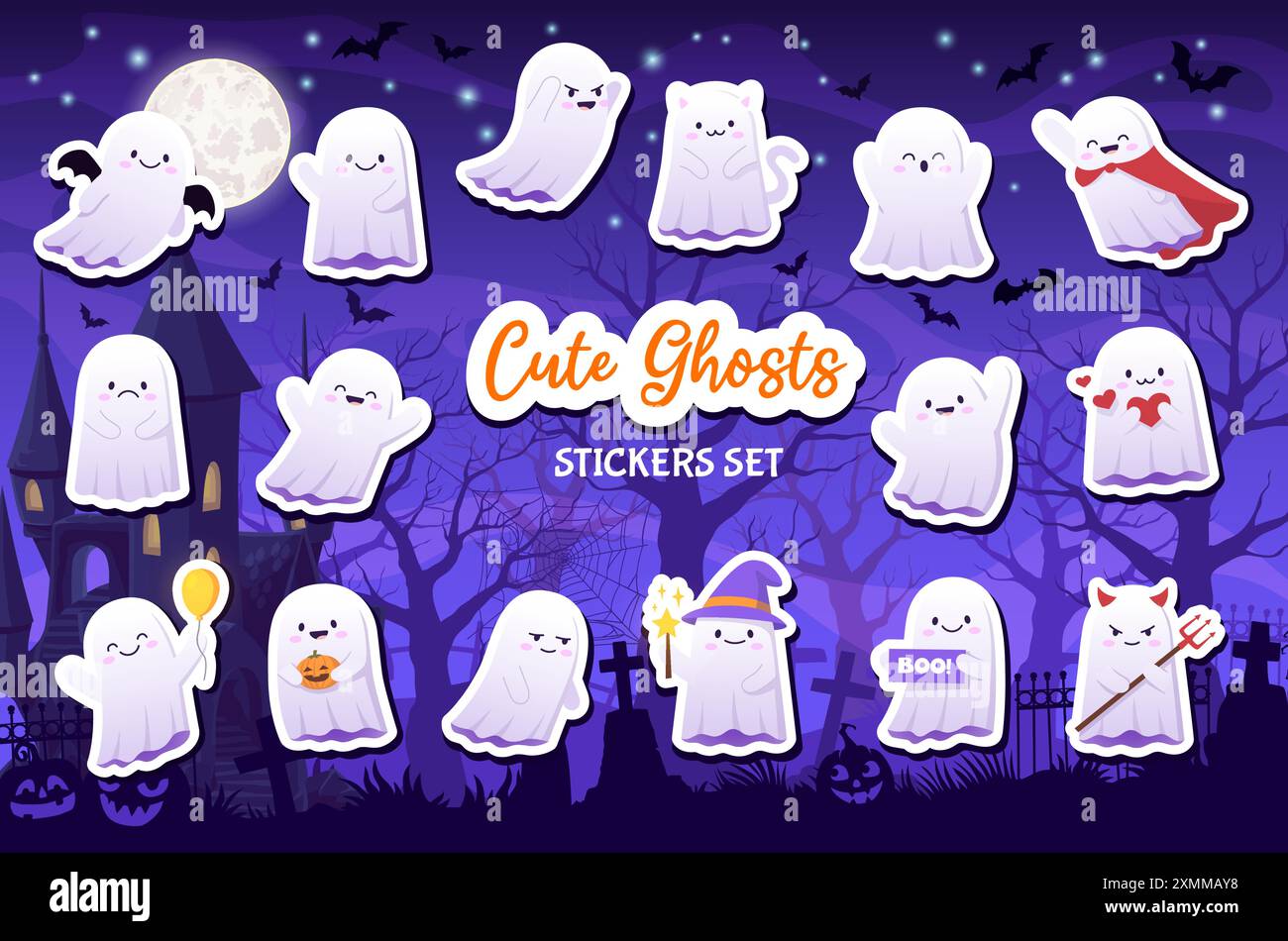Cartoon Halloween kawaii ghost characters stickers pack. Vector holiday ...