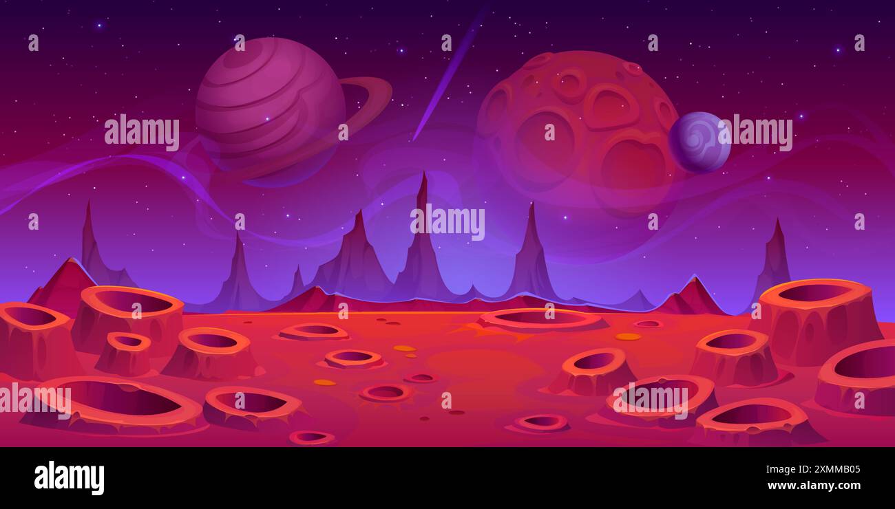 Alien space planet surface background with craters and mountains under ...