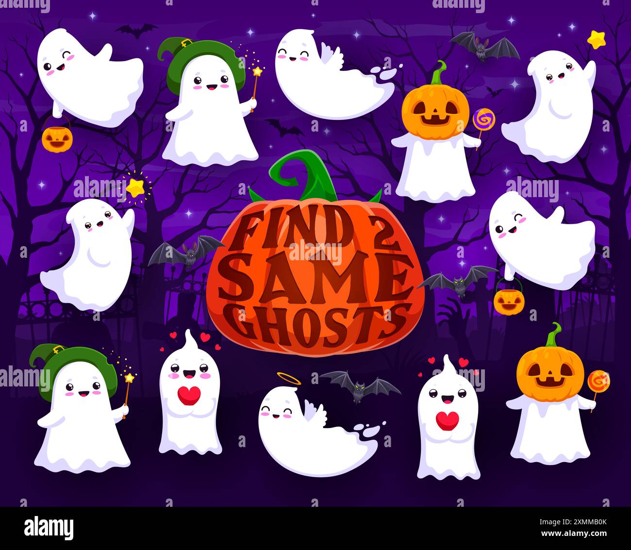 Halloween game worksheet, find two same cute kawaii ghosts, vector ...