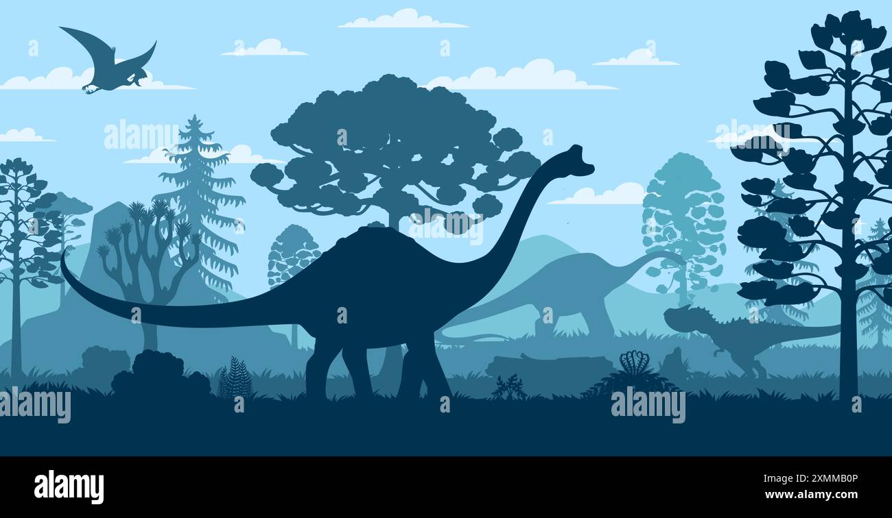 Dinosaur silhouettes in the prehistoric forest. Vector scene with ...