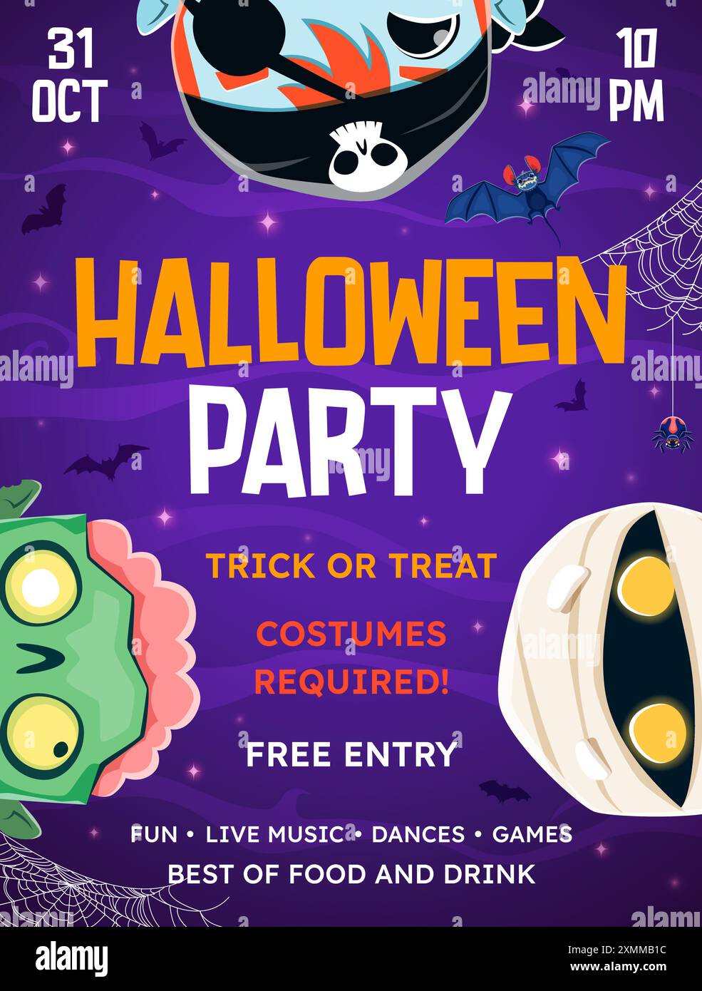Halloween holiday party flyer with funny cartoon characters. Vector ...