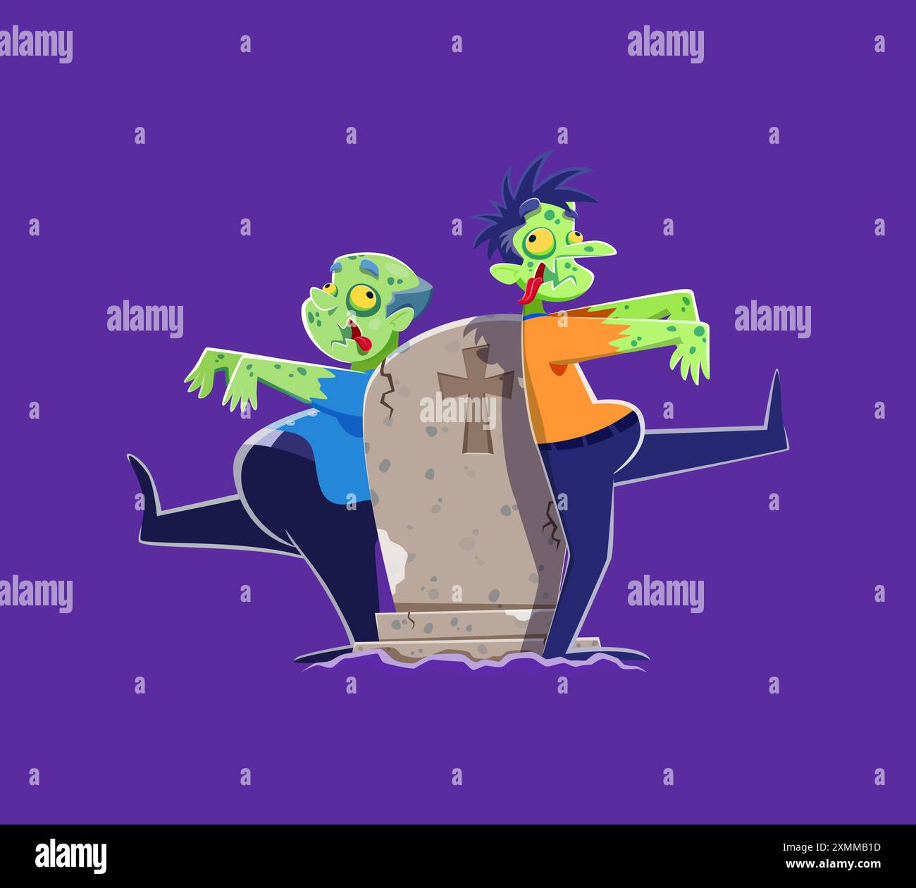 Cartoon Halloween scary characters near tombstone. Vector scene of ...
