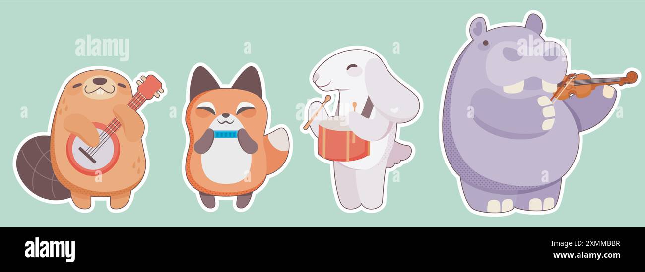Cute childish animal music band. Cartoon vector set of wild creatures ...