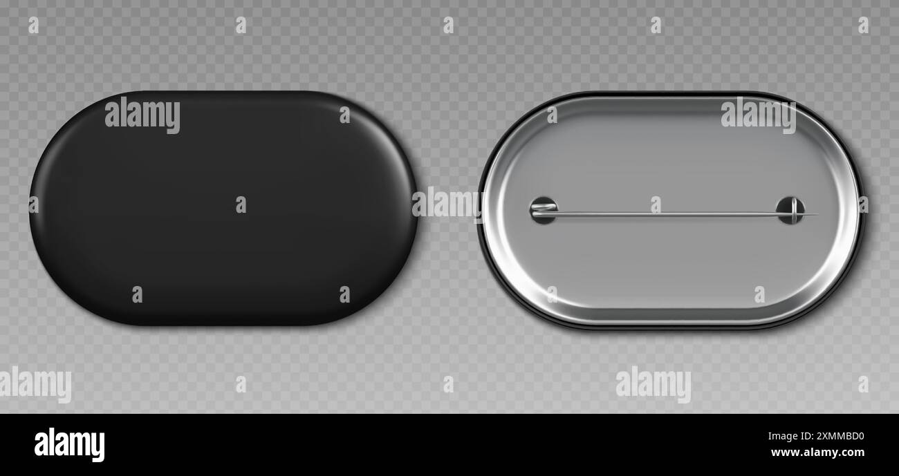 Black pin badge mockup top and bottom view. Blank glossy rectangle ...
