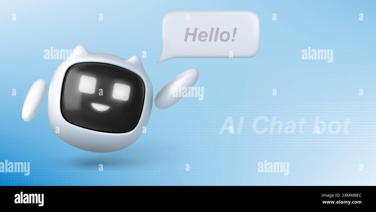 Cute friendly robot with welcome speech bubble on pastel blue background. Realistic 3d vector ...