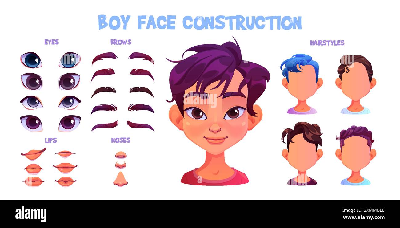 Cartoon kid boy face construction kit. Boy face diy constructor ...