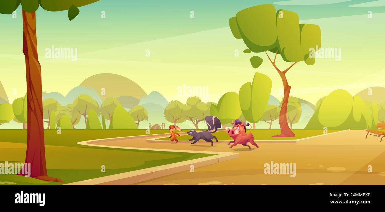 Wild animals walking in city park on summer sunny day with people ...