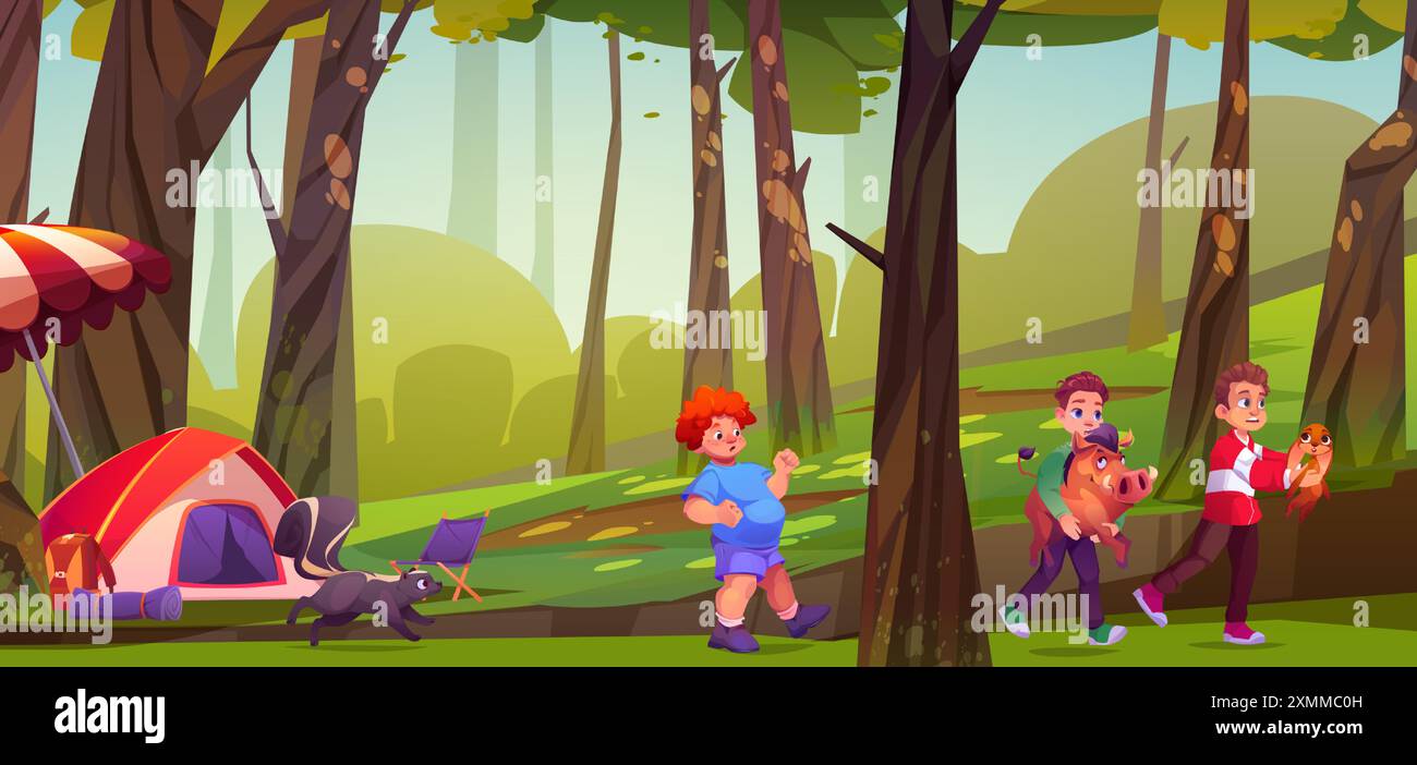 Three kid boys carry wild animals from camp tent in forest on summer ...