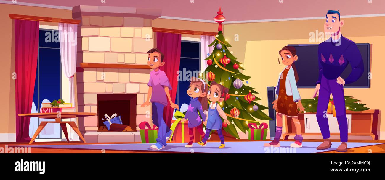 Happy smiling children and man walking in living room interior with ...