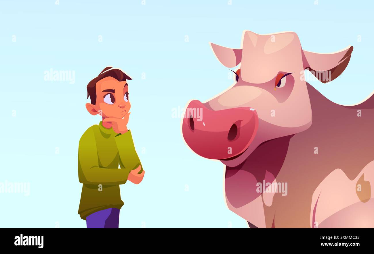 Cute teenage kid boy with thoughtful face emotion standing near cow ...
