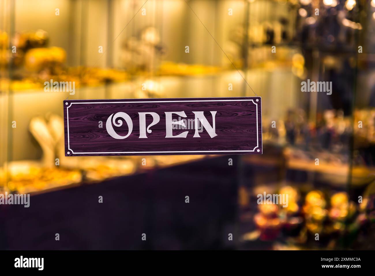 Open Sign Board Close-up Through The Glass Of A Window At Souvenir Shop ...