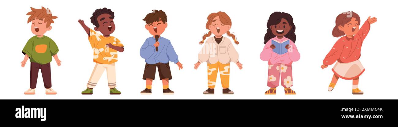 Singing kids. Music school. Happy children sing songs. Cute little ...