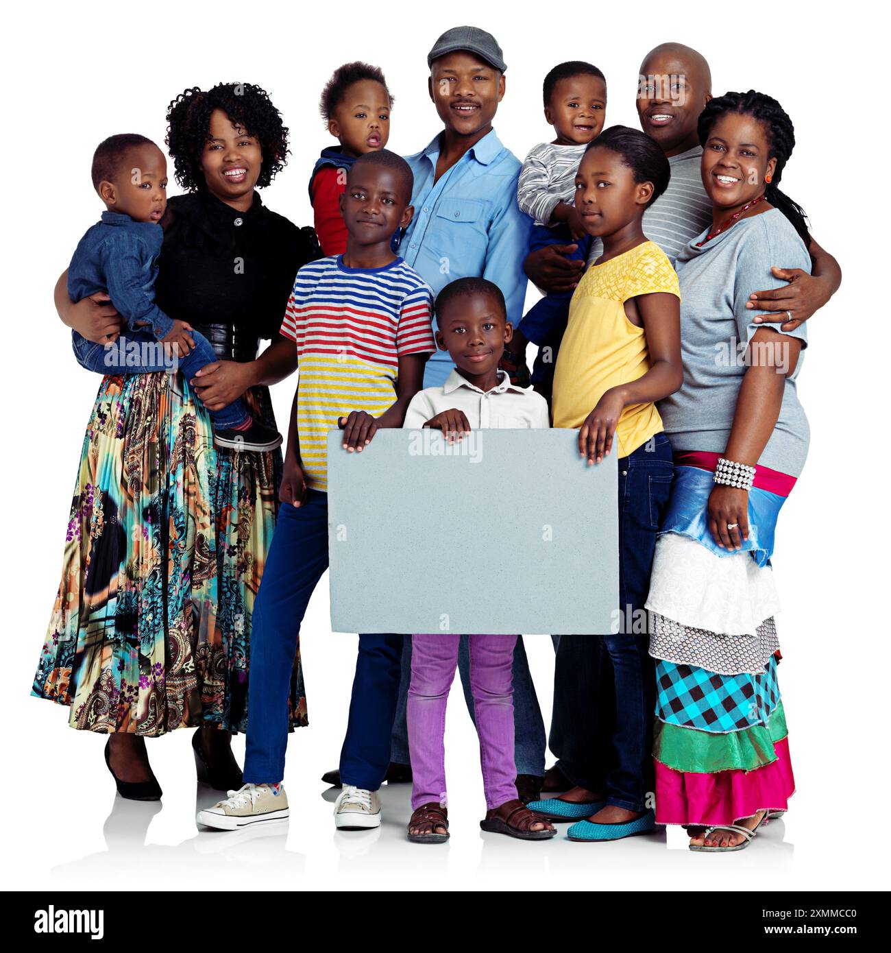 African family, portrait and empty sign or studio for culture, placard ...