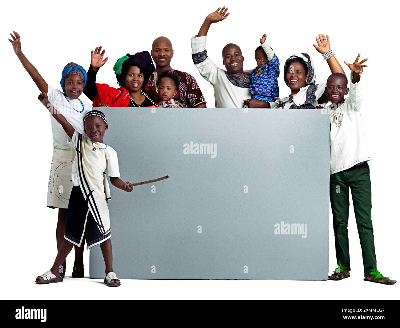 Black family, portrait and blank billboard in studio for culture ...