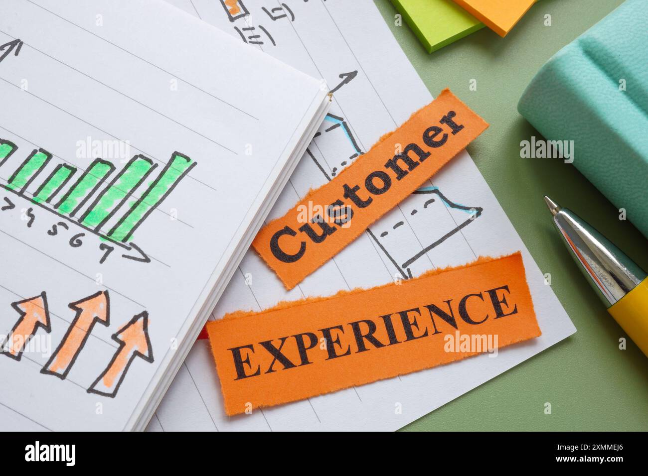 Customer experience abstract. Notebooks with graphs and pieces of paper ...