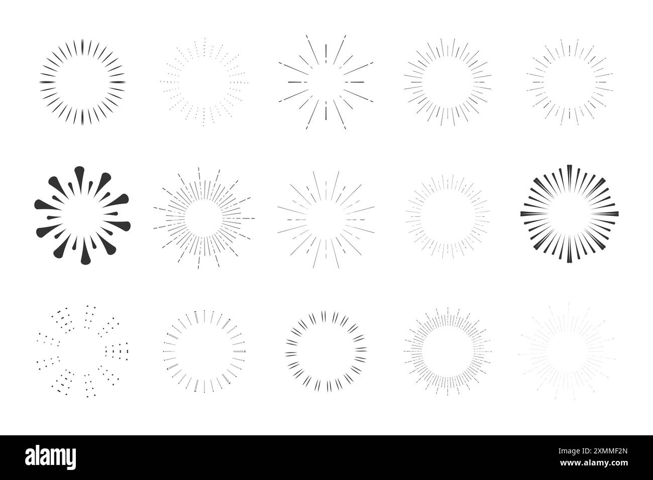 Set Fireworks, rays, sunburst frames circle border decoration, sparkle in doodle style, line ...